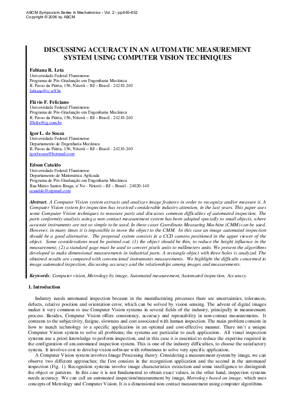Pdf Discussing Accuracy In An Automatic Measurement System Using Computer Vision Techniques