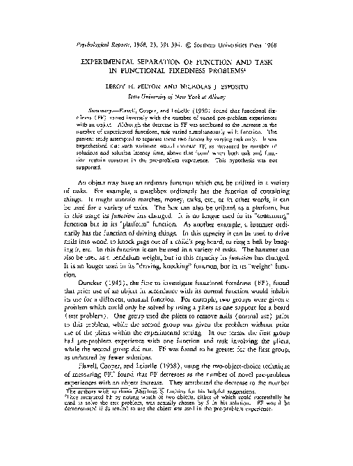 (PDF) EXPERIMENTAL SEPARATION OF FUNCTION AND TASK IN FUNCTIONAL FIXEDNESS PROBLEMS