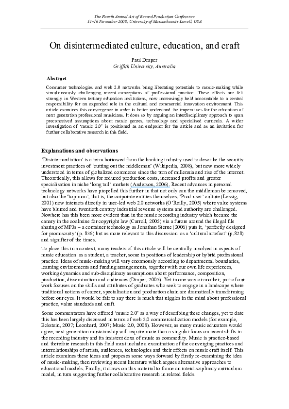 (PDF) On Disintermediated Culture, Education, and Craft