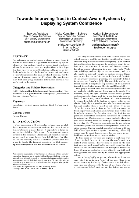 (PDF) Towards improving trust in context-aware systems by displaying system confidence