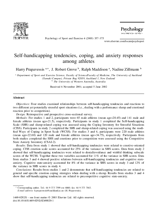 (PDF) Self-handicapping tendencies, coping, and anxiety responses among ...