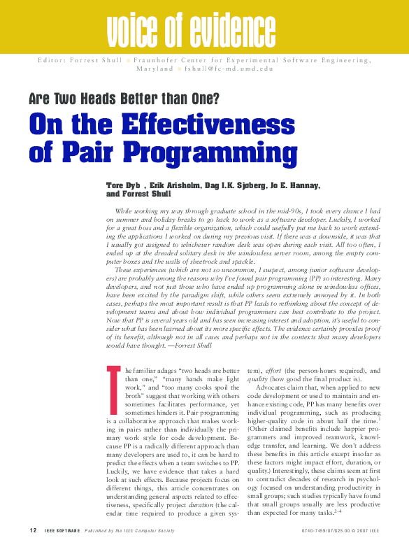 (PDF) Are Two Heads Better than One? On the Effectiveness of Pair Programming