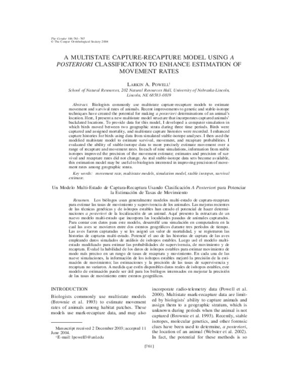 Pdf A Multistate Capture Recapture Model Using A Posteriori Classification To Enhance