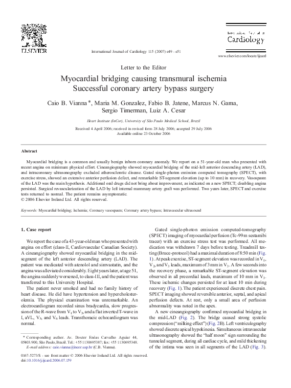 (PDF) Myocardial bridging causing transmural ischemia Successful ...