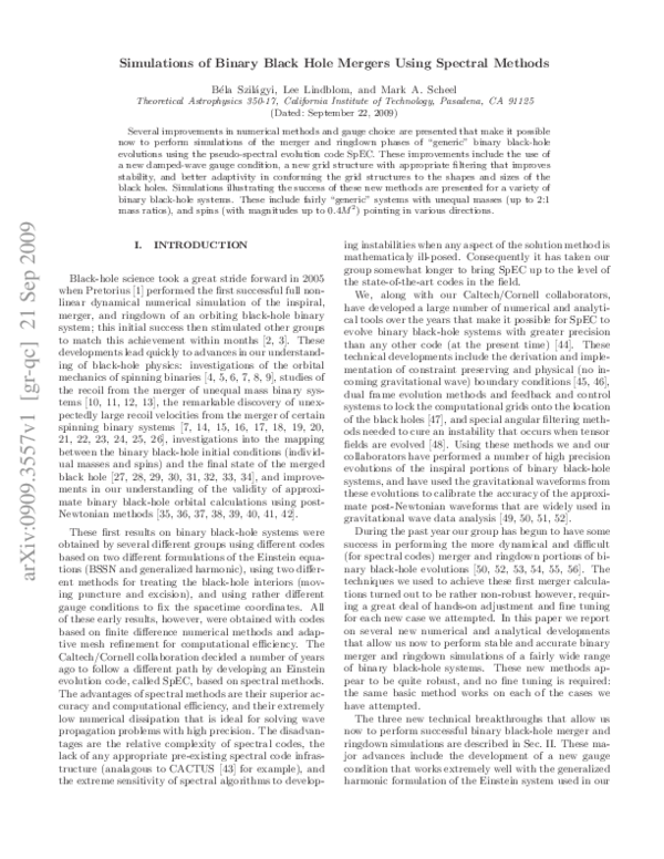 Pdf Simulations Of Binary Black Hole Mergers Using Spectral Methods