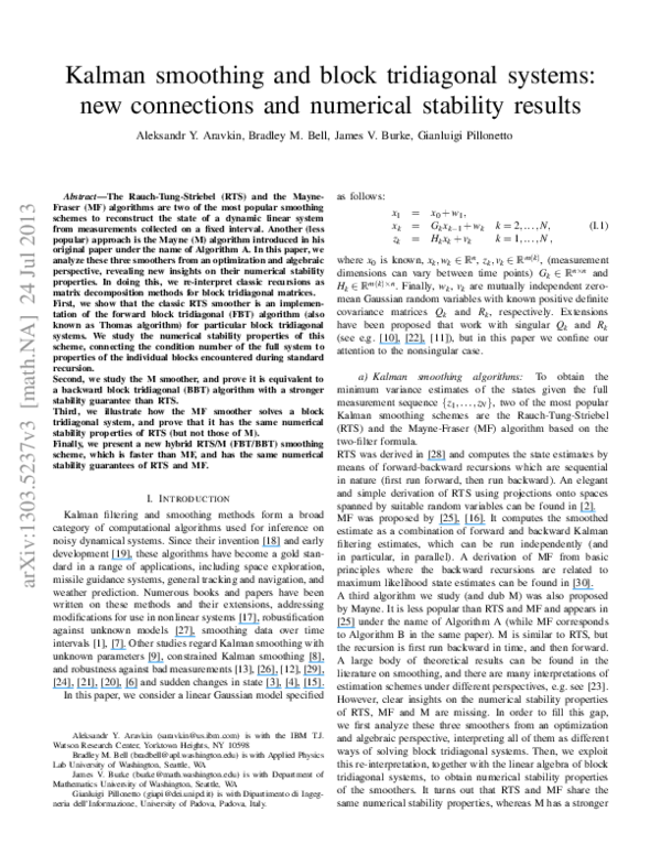 (PDF) Kalman smoothing and block tridiagonal systems: new connections and numerical stability ...