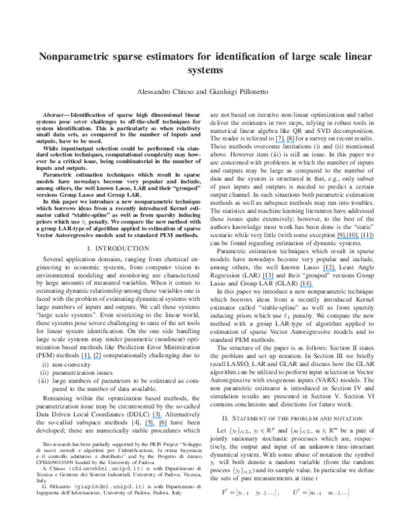 (PDF) Nonparametric sparse estimators for identification of large scale linear systems