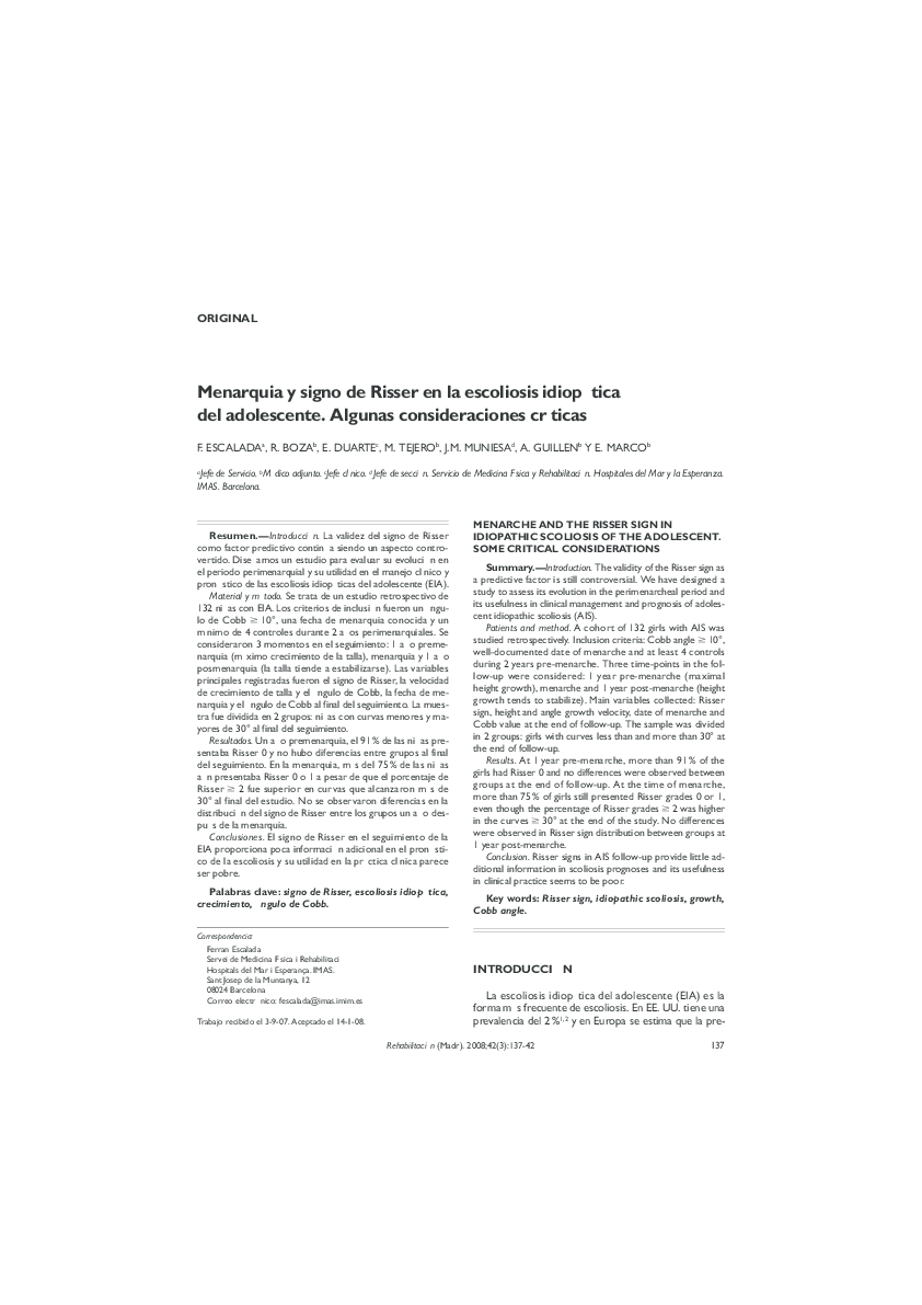 (PDF) Menarquia y signo de Risser en la escoliosis idiopática del ...