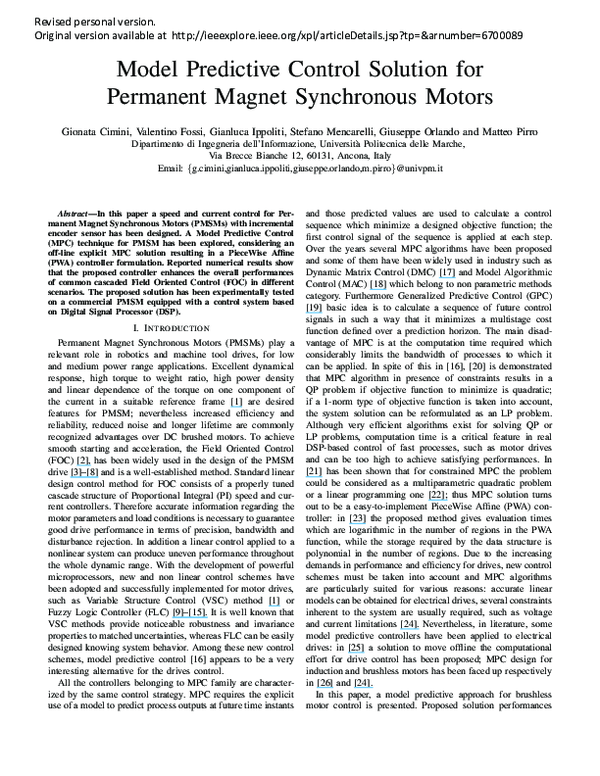 Pdf Model Predictive Control Solution For Permanent Magnet Synchronous Motors