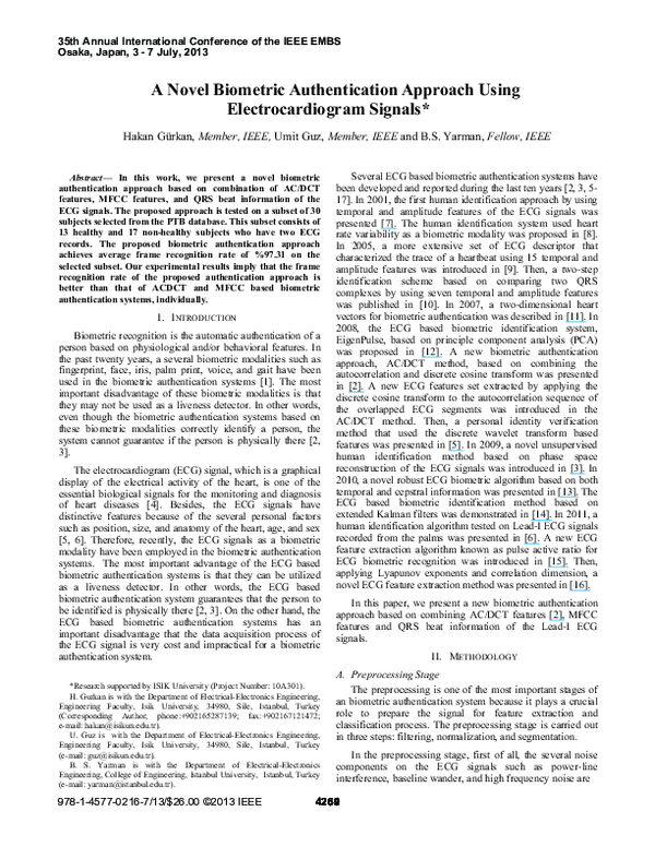 Pdf A Novel Biometric Authentication Approach Using Electrocardiogram
