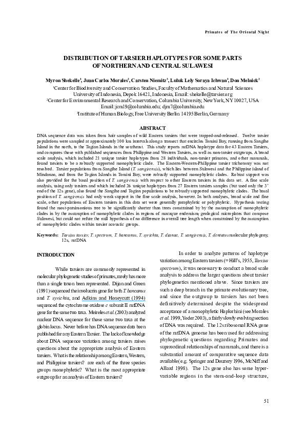 (PDF) Distribution of tarsier haplotypes for some parts of northern and ...