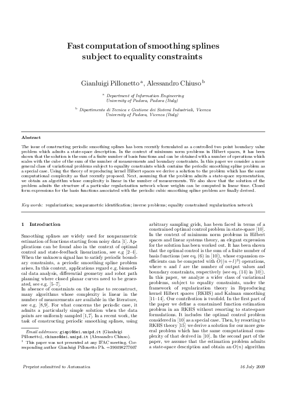 (PDF) Fast computation of smoothing splines subject to equality constraints