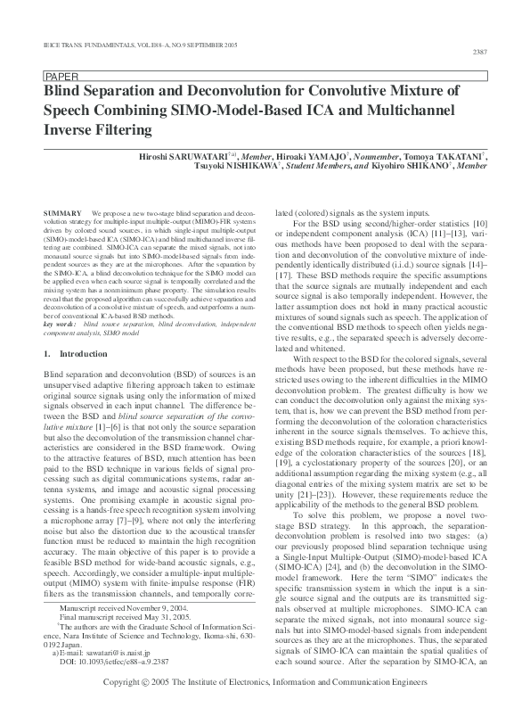 (PDF) Blind Separation and Deconvolution for Convolutive Mixture of ...