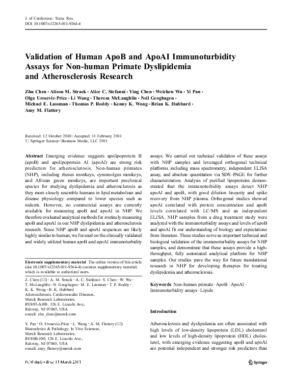 (PDF) Validation of human ApoB and ApoAI immunoturbidity assays for non ...
