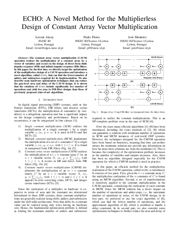 Pdf Echo A Novel Method For The Multiplierless Design Of Constant Array Vector Multiplication