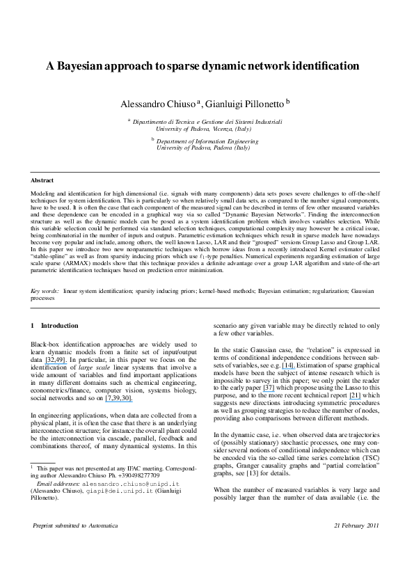 (PDF) A Bayesian approach to sparse dynamic network identification