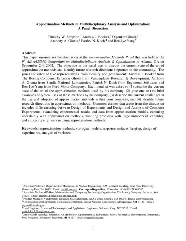 Pdf Approximation Methods In Multidisciplinary Analysis And Optimization A Panel Discussion