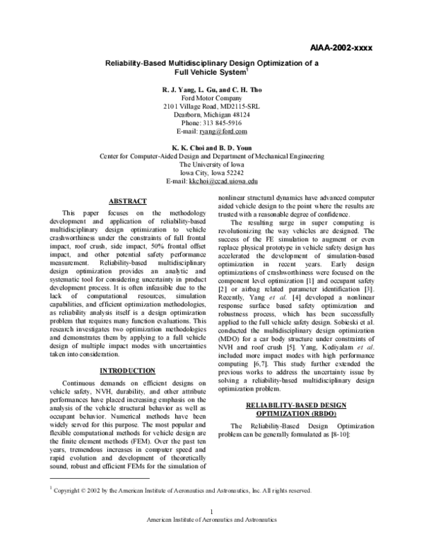(PDF) Reliability-Based Multidisciplinary Design Optimization Using Probabilistic Gradient-Based ...