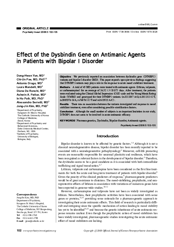 (PDF) Effect of the Dysbindin Gene on Antimanic Agents in Patients with ...