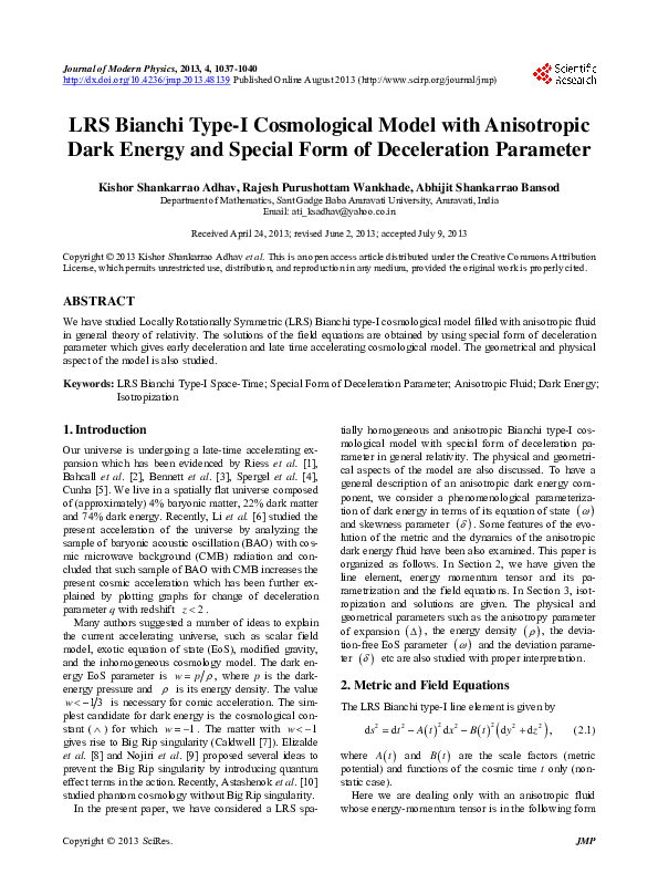 (PDF) LRS Bianchi Type-I Cosmological Model with Anisotropic Dark Energy and Special Form of ...
