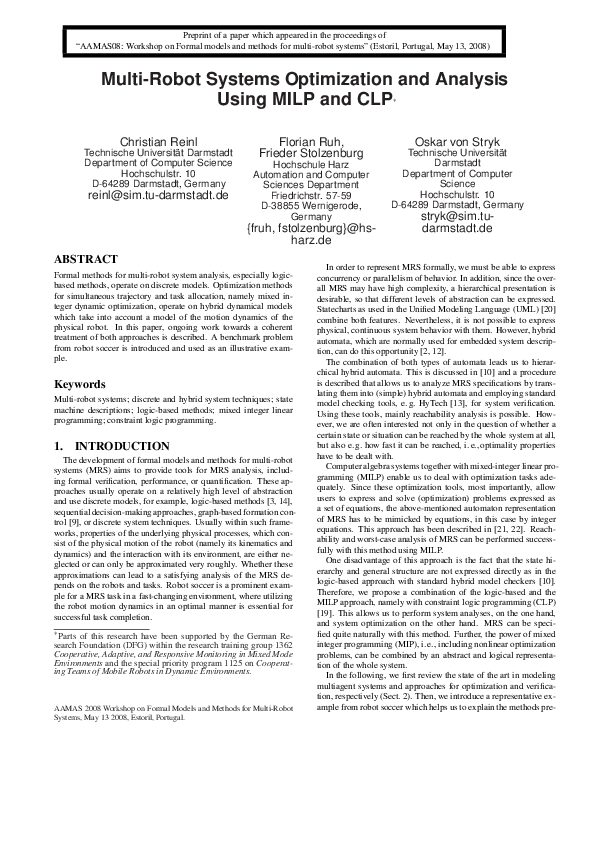 (PDF) Multi-robot systems optimization and analysis using MILP and CLP