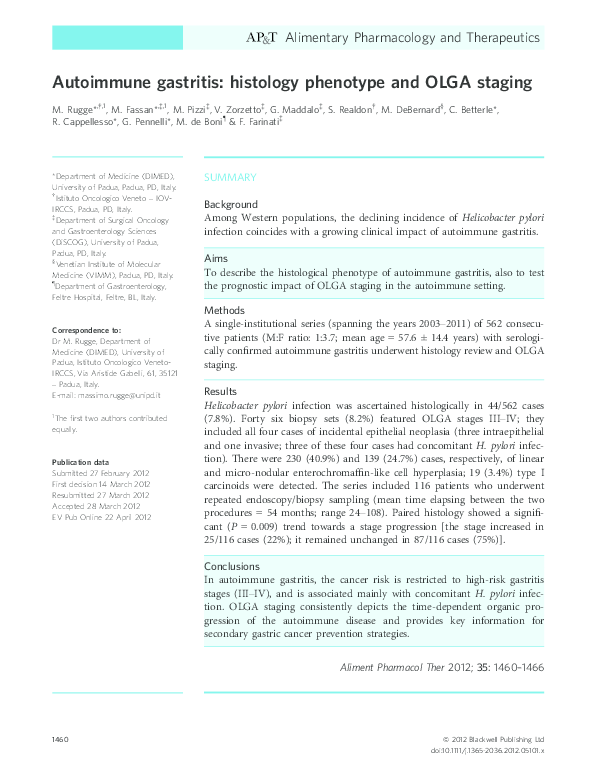 (PDF) Autoimmune gastritis: histology phenotype and OLGA staging | M ...
