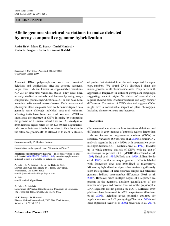(PDF) Allelic genome structural variations in maize detected by array ... (PDF) Allelic genome structural variations in maize detected by array ...