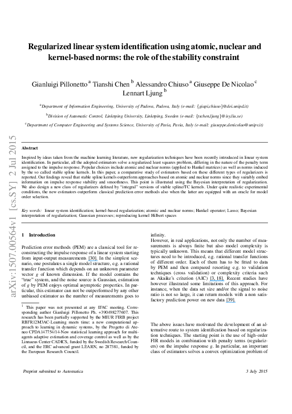 Pdf Regularized Linear System Identification Using Atomic Nuclear