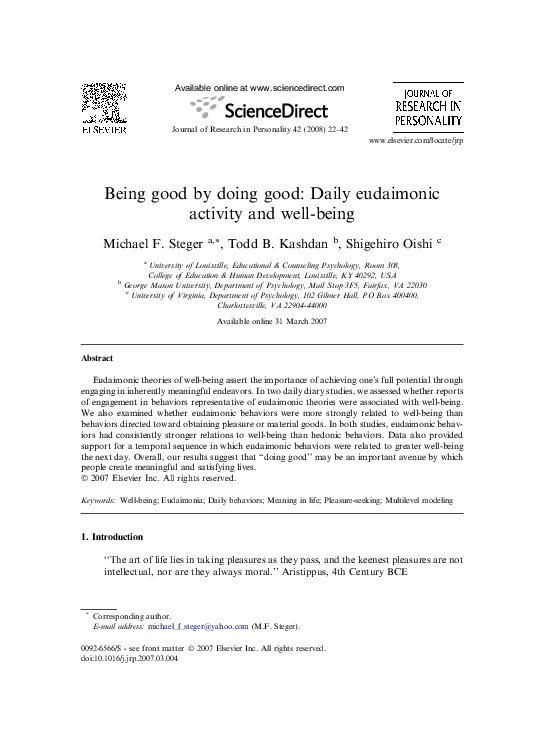 (PDF) Being good by doing good: Daily eudaimonic activity and well-being