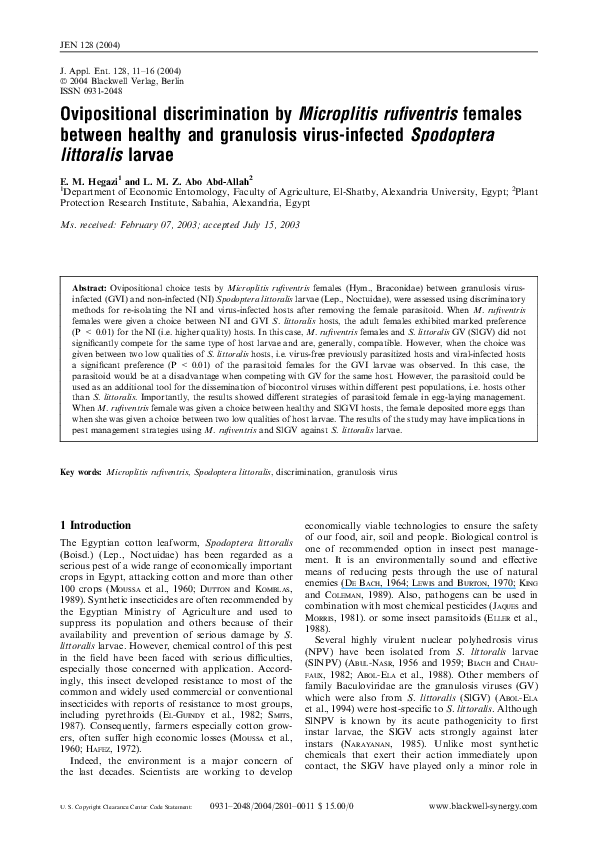 (PDF) Ovipositional discrimination by Microplitis rufiventris females ...