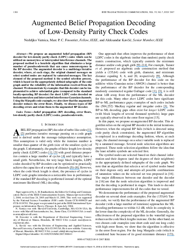 Pdf Augmented Belief Propagation Decoding Of Low Density Parity Check Codes Nedeljko Varnica