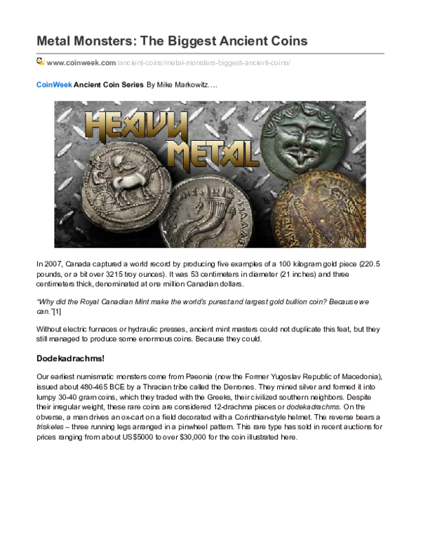 (PDF) Metal Monsters: The Largest Ancient Coins | Mike Markowitz ...