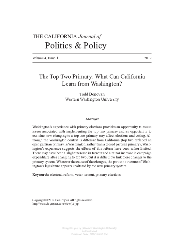 (PDF) The Top Two Primary: What Can California Learn from Washington?