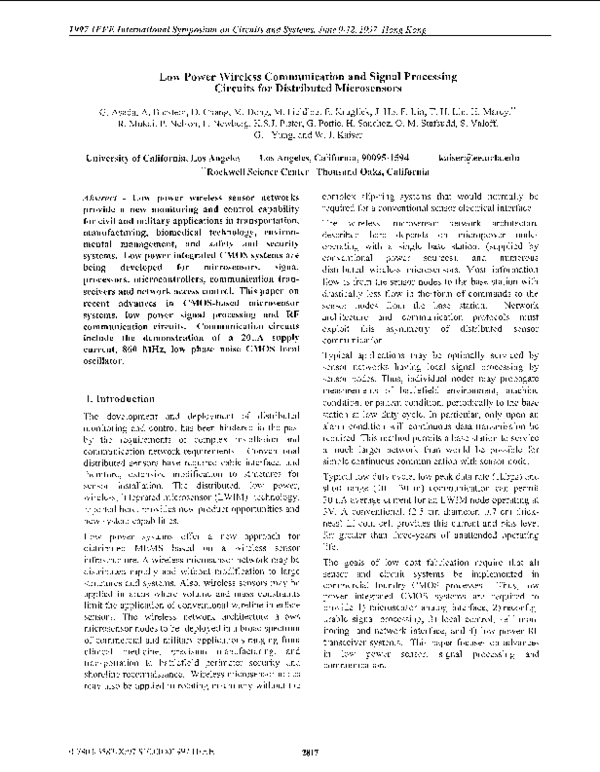 (PDF) Low power wireless communication and signal processing circuits for distributed microsensors