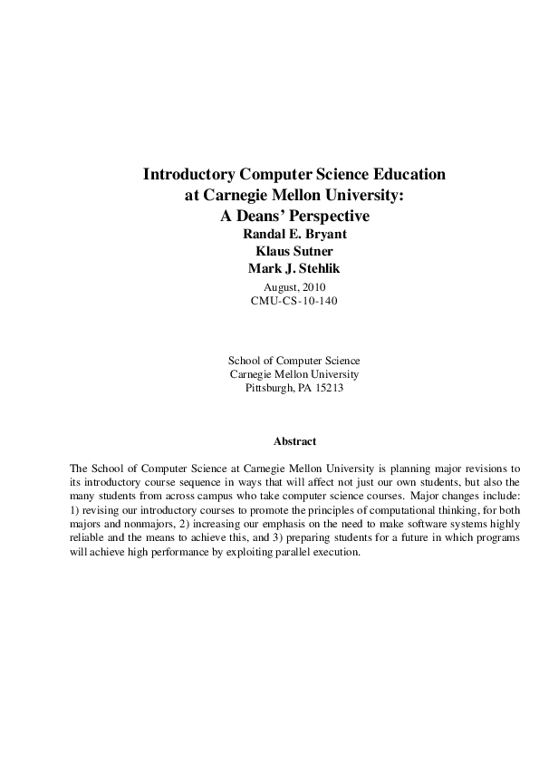 (PDF) Introductory Computer Science Education at Carnegie Mellon University: A Deans' Perspective