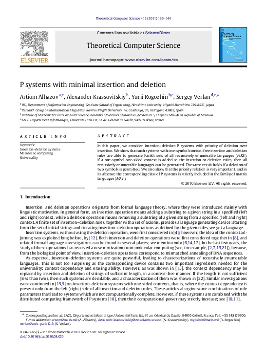(PDF) P systems with minimal insertion and deletion
