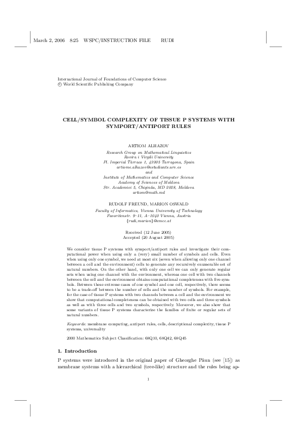 (PDF) CELL/SYMBOL COMPLEXITY OF TISSUE P SYSTEMS WITH SYMPORT/ANTIPORT RULES
