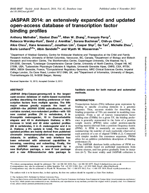 (PDF) JASPAR 2014: an extensively expanded and updated open-access database of transcription ...