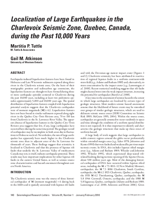 (PDF) Localization of Large Earthquakes in the Charlevoix Seismic Zone ...