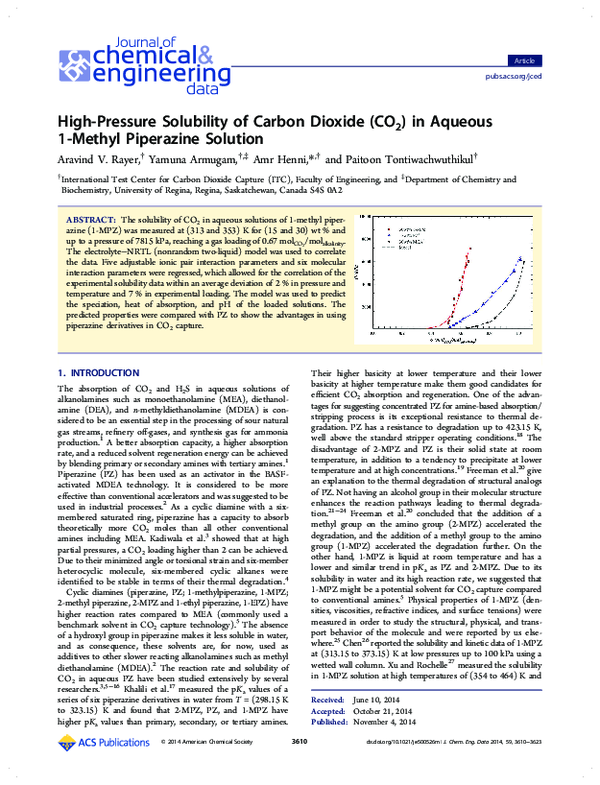 (PDF) High pressure solubility of carbon dioxide (CO2) in aqueous piperazine solutions