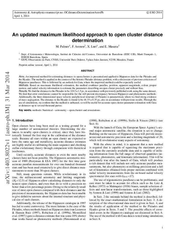 (PDF) An updated maximum likelihood approach to open cluster distance ...