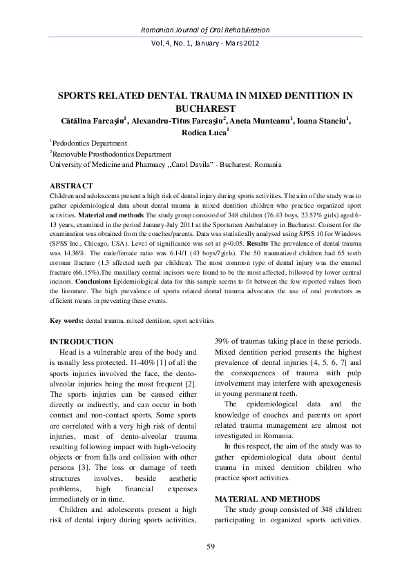 (PDF) SPORTS RELATED DENTAL TRAUMA IN MIXED DENTITION IN BUCHAREST