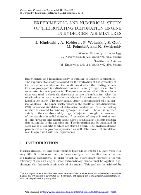 (PDF) Experimental and numerical study of the rotating detonation engine in hydrogen-air mixtures