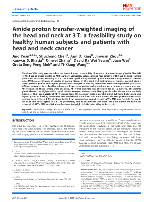 (PDF) Amide proton transfer-weighted imaging of the head and neck at 3 ...