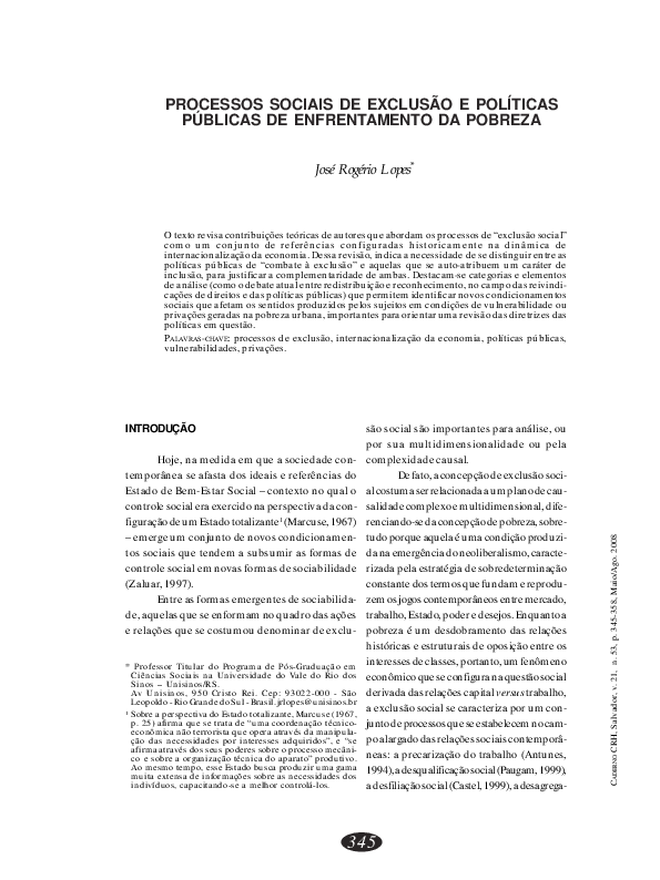 PROCESSOS SOCIAIS DE EXCLUSÃO E POLÍTICAS PÚBLICAS DE ENFRENTAMENTO DA POBREZA