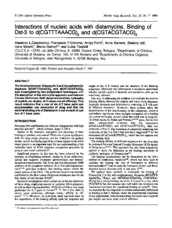 (PDF) Binding of Distamycin 3 to Palindromic DNA Duplexes