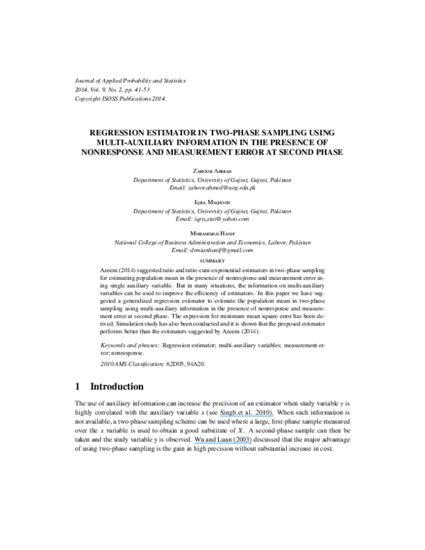 Pdf Regression Estimator In Two Phase Sampling Using Multi Auxiliary