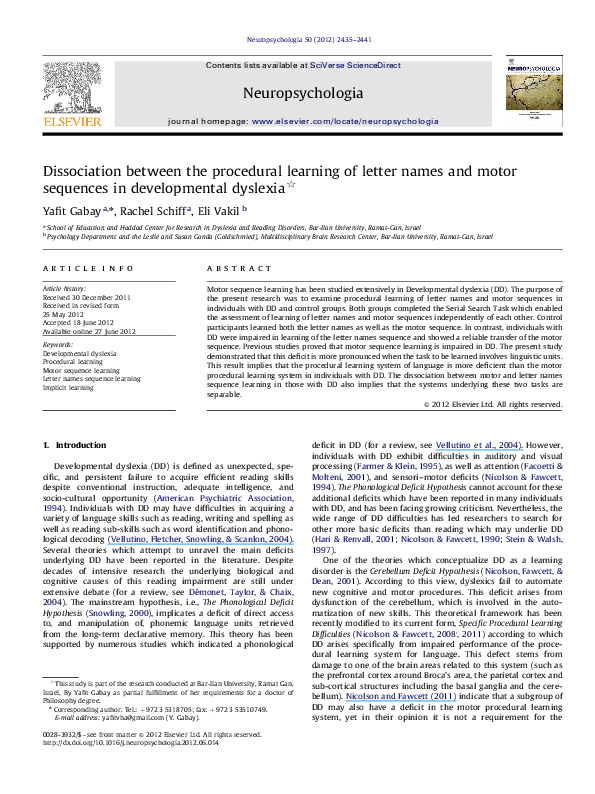 (PDF) Dissociation between the procedural learning of letter names and motor sequences in ...