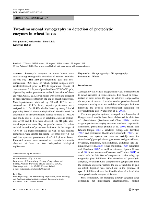 (PDF) 2D Zymography for Proteolytic Enzyme Detection