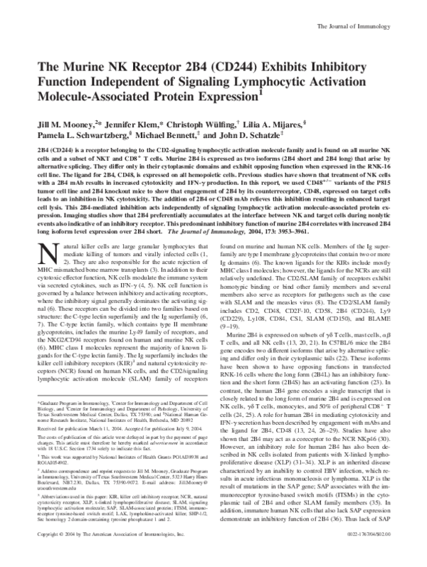 (PDF) The Murine NK Receptor 2B4 (CD244) Exhibits Inhibitory Function ...
